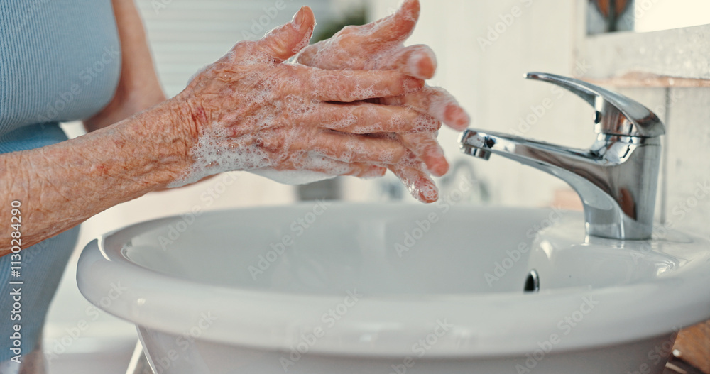 Hygiene, senior woman and washing hands in bathroom for bacteria ...