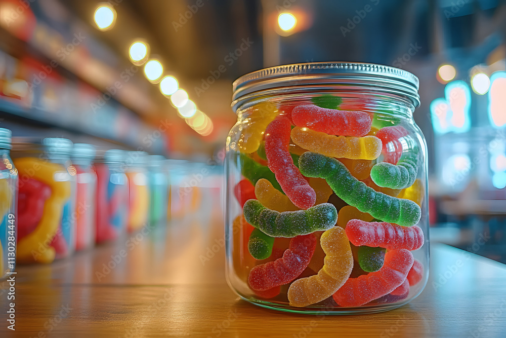 Gummy worms.Gummi worm day.Sour gummy worms.Sugar coating.A jar of sour ...
