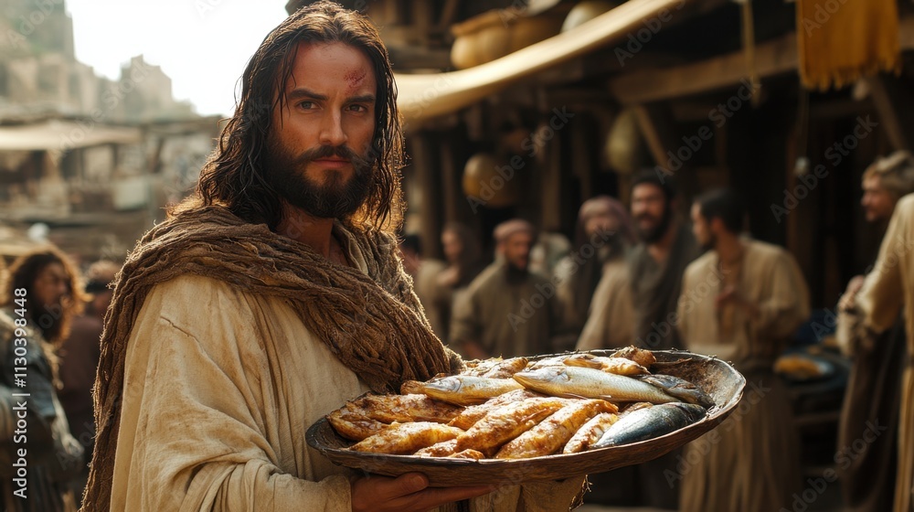 Jesus feeds five thousand with five loaves and two fish. Stock Photo ...