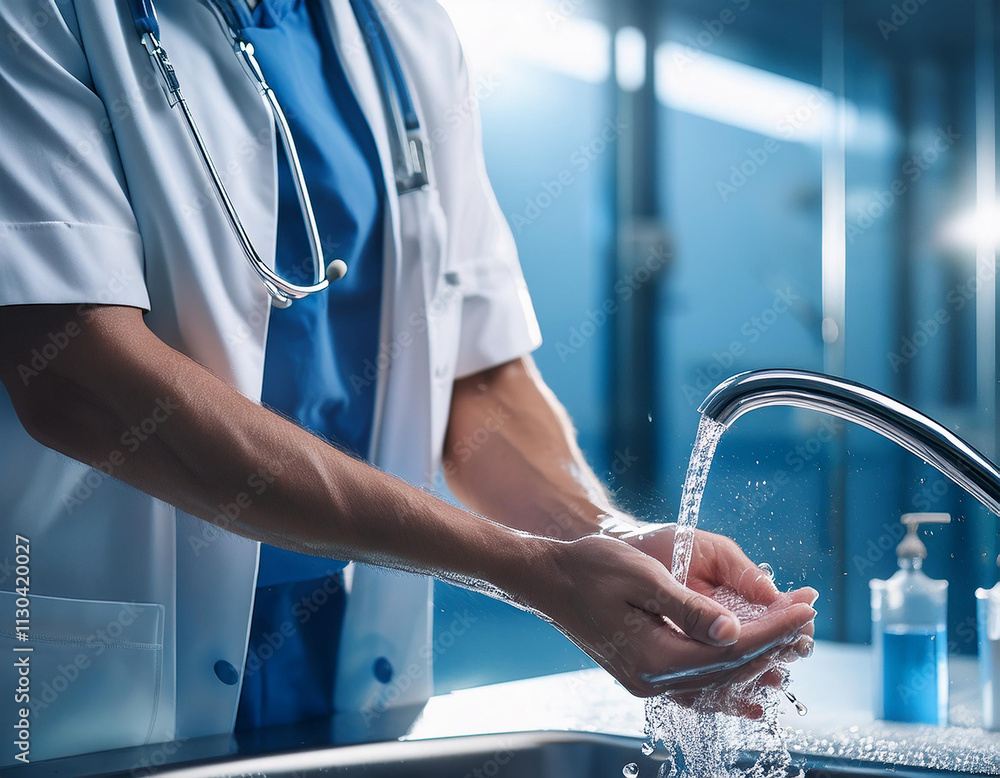Plano medio de las manos de un medico lavandose las manos con agua bajo ...