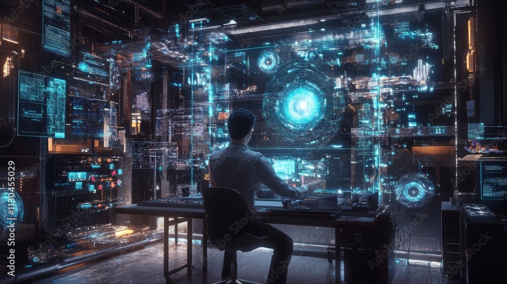 A designer creating futuristic art installations using holographic ...