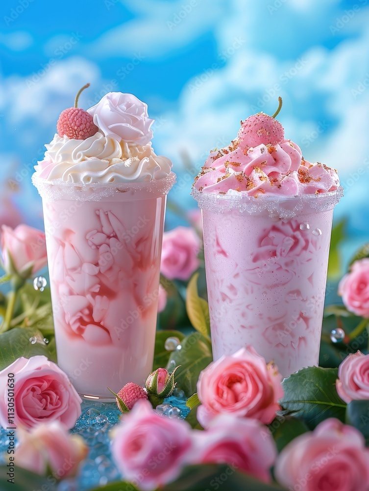 A pair of elegant Drink cup, one with a sparkling rose lychee drink and ...