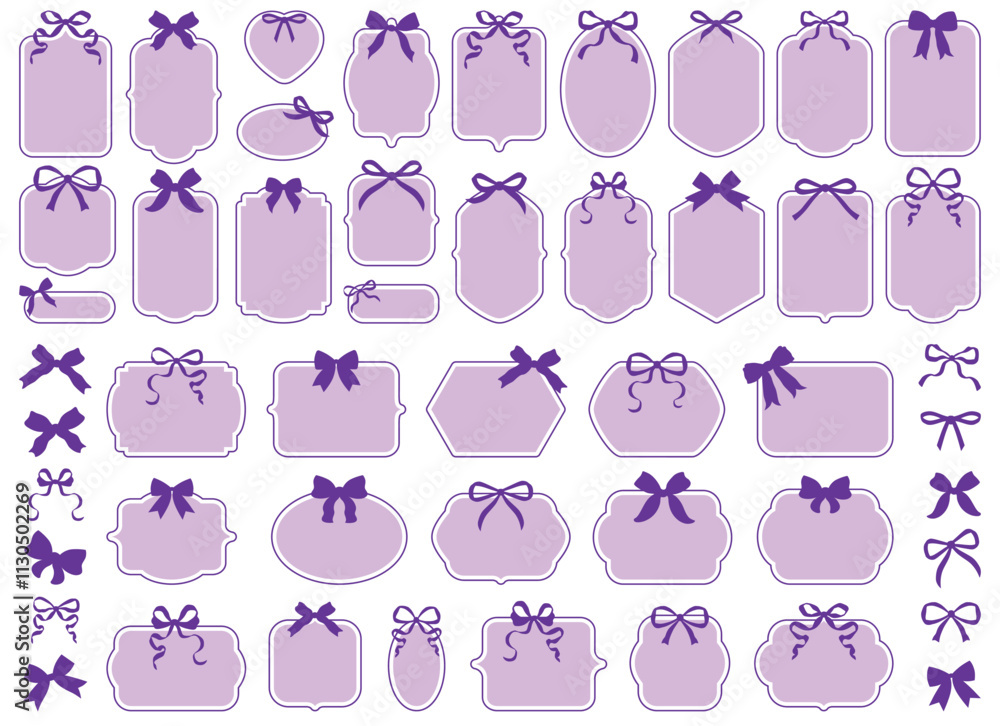 Purple, violet, lavender decorative frames and bows. Graphic antique ...