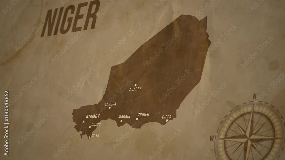 Vintage Map of NIGER with states Borders and Major Cities Positions ...
