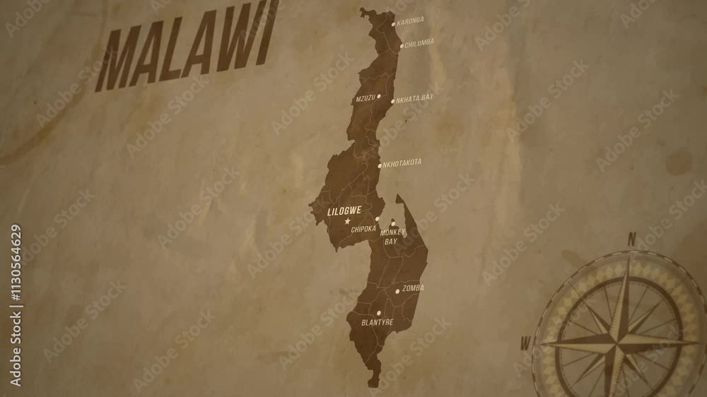Vintage Map of MALAWI with states Borders and Major Cities Positions 素材 ...