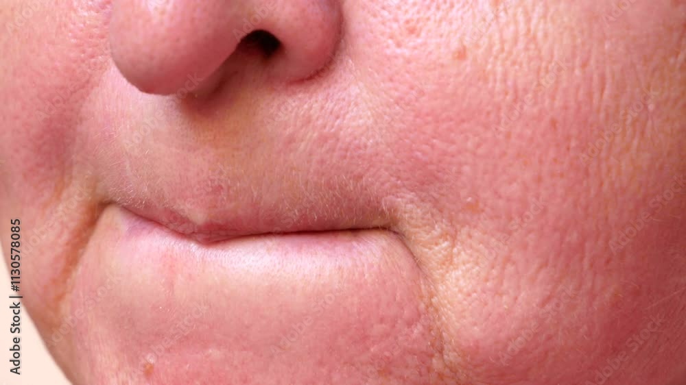 stomatitis in mouth closeup, close-up on the lip with aphthous ...
