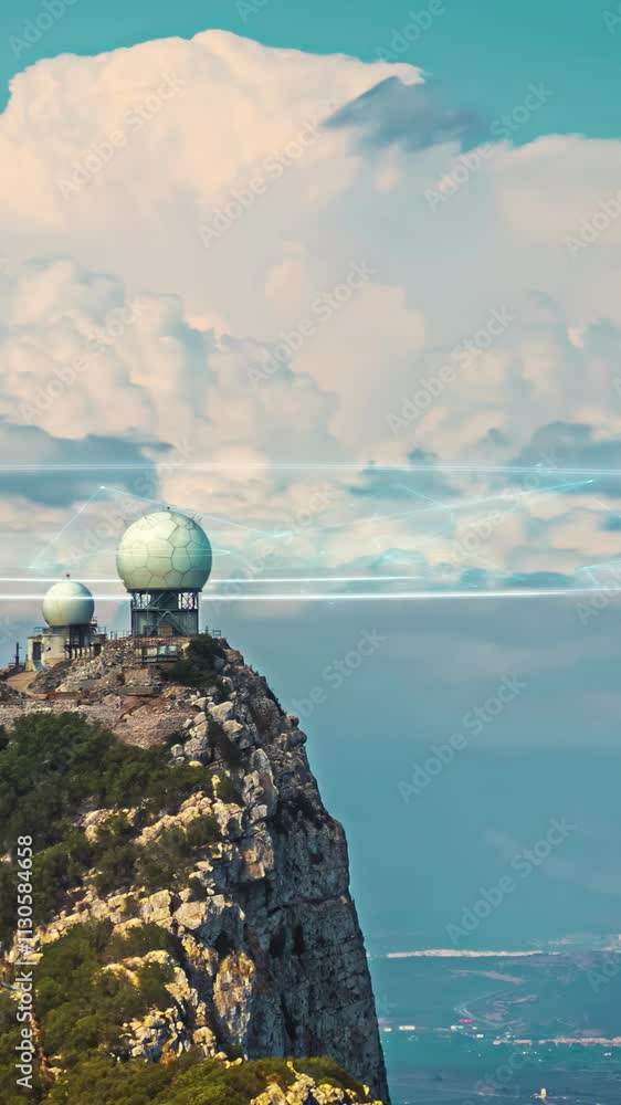 Radar domes atop a rocky mountain cliff with animated radar signals ...