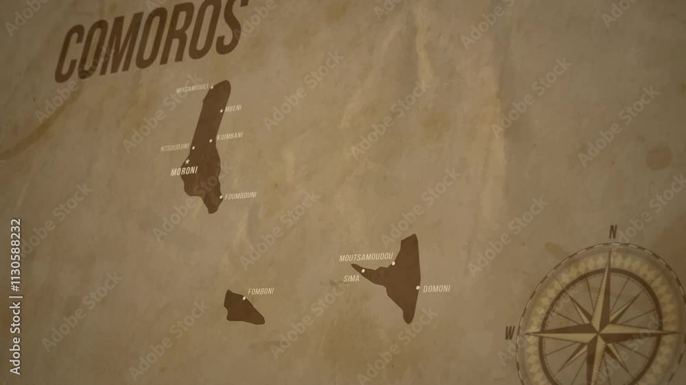 Vintage Map of COMOROS with states Borders and Major Cities Positions ...