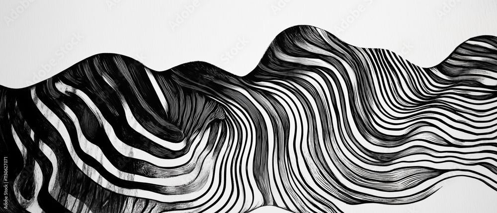 Abstract black and white wavy lines forming a dynamic flow with a high ...
