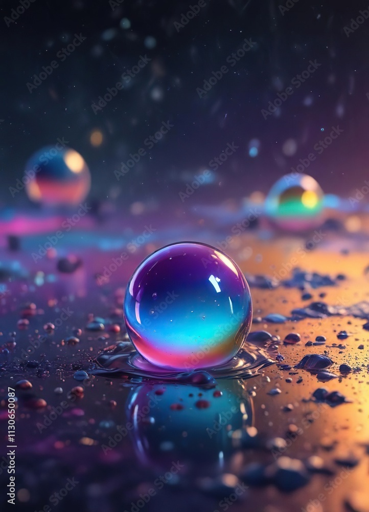Iridescent liquid droplets floating in a void, reflecting colors of the ...