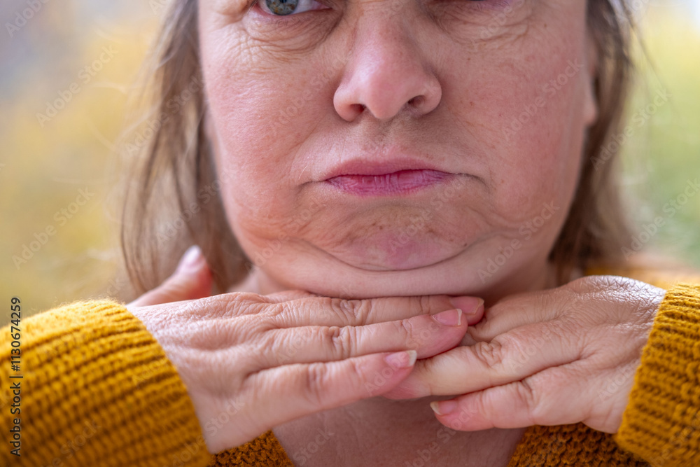 Double chin face mature woman 50 years old, human fat neck, wrinkles on ...
