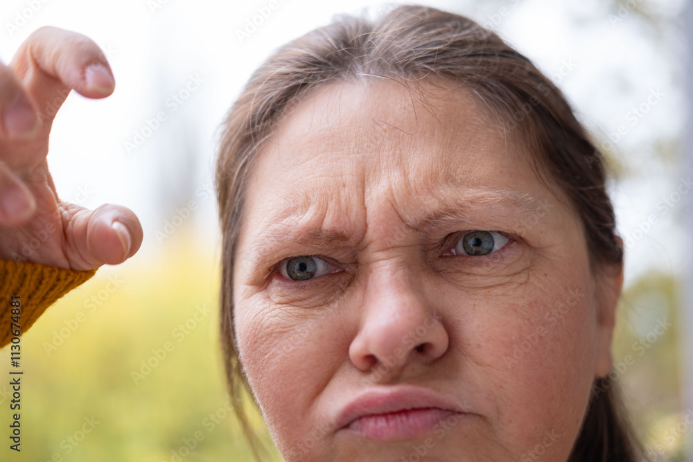 Angry mature white woman 50 years old with long hair expressing stress ...
