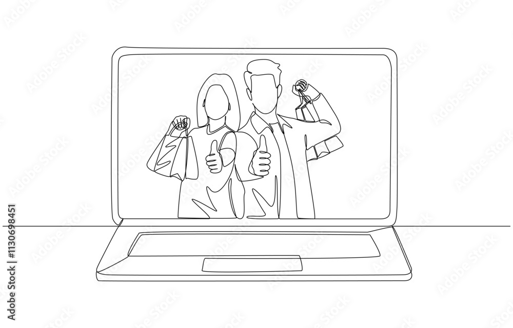 Continuous one line drawing of couple appearing on laptop screen ...