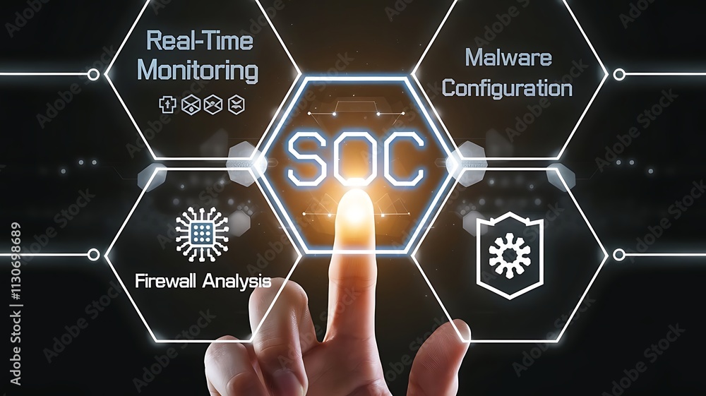 businessman pressing virtual button SOC, security operation center ...