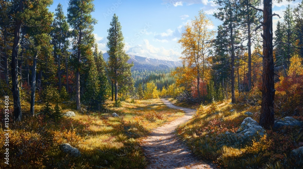 Winding trail through tall pines and colorful deciduous trees forest ...