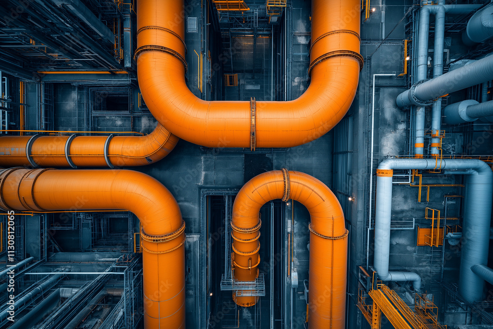 Foto de Aerial view of orange pipes and an air station in an industrial ...
