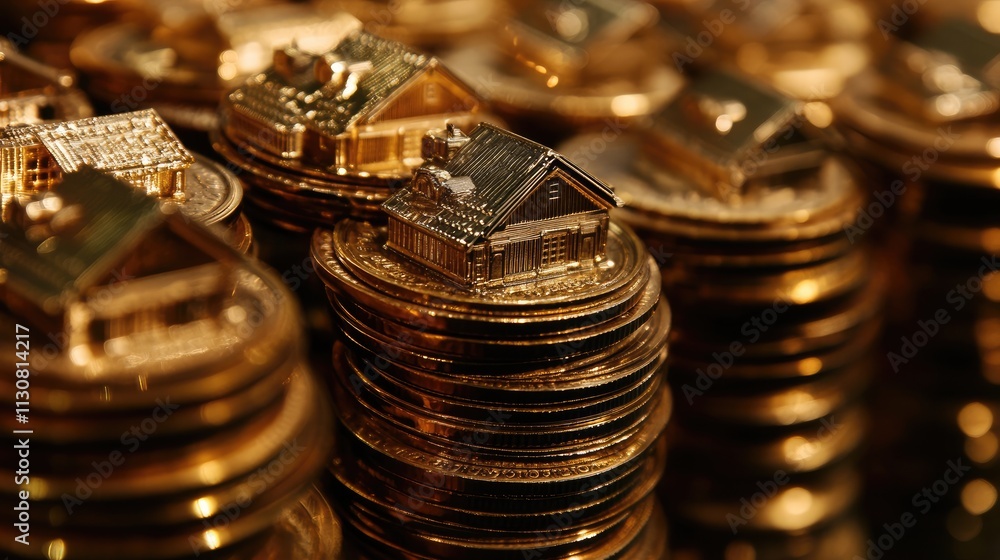 Stack of shiny gold coins with miniature houses on top, representing ...