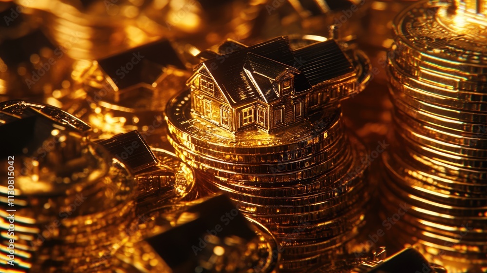 Stack of shiny gold coins with miniature houses on top, representing ...