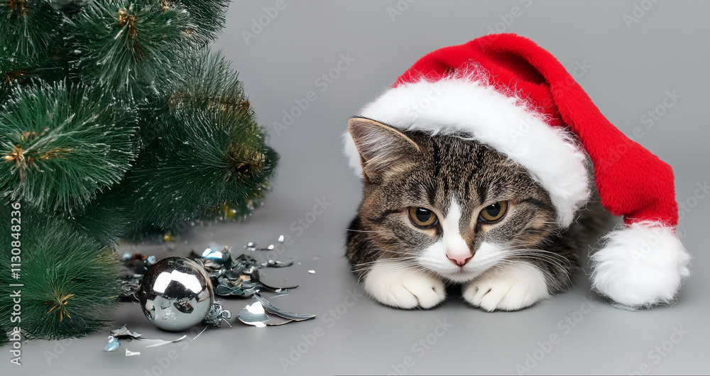Amusing illustration showing a cat in santa hat who knocked down the tree and broke the ...