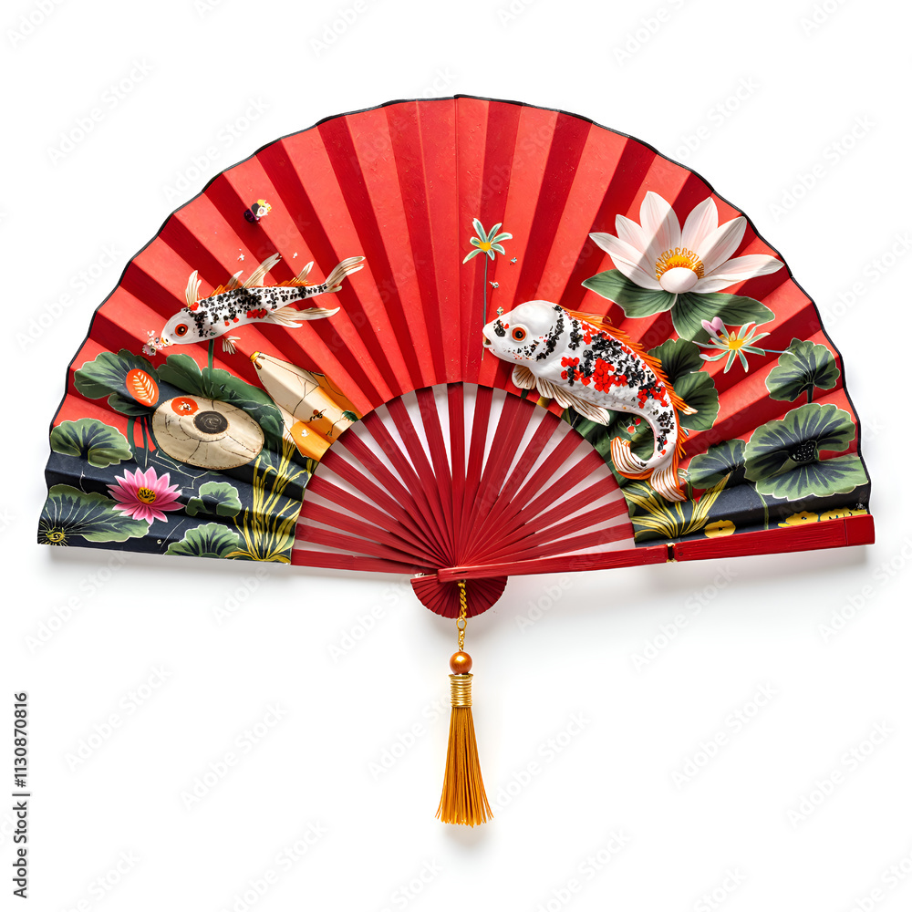 Beautifully crafted fan depicting colorful koi fish and lotus flowers ...