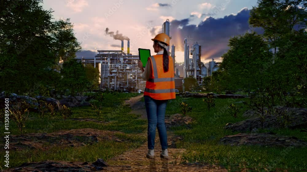 Full Body Back View Of Asian Female Engineer With Safety Helmet Working ...