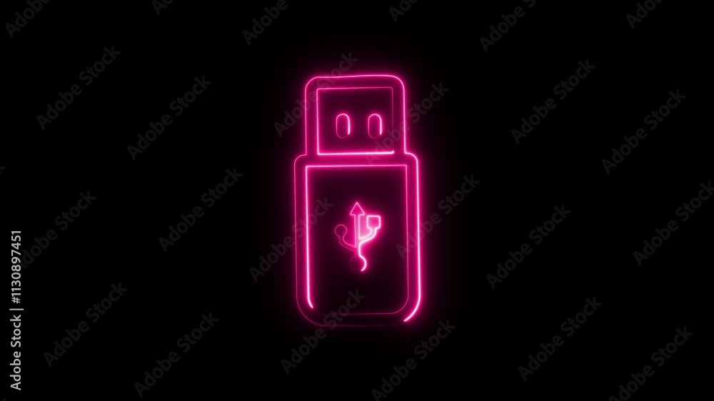 Neon USB pen drive icon glowing animation on black background . Glowing ...