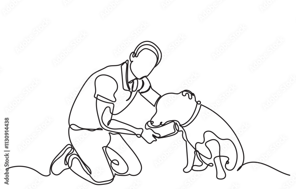 Continuous line drawing of a young man feeding his dog. The boy is ...