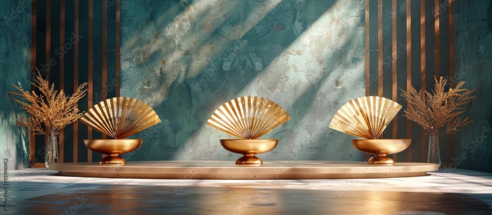 Elegant golden altar with incense candles wheat sheaves and divine ...