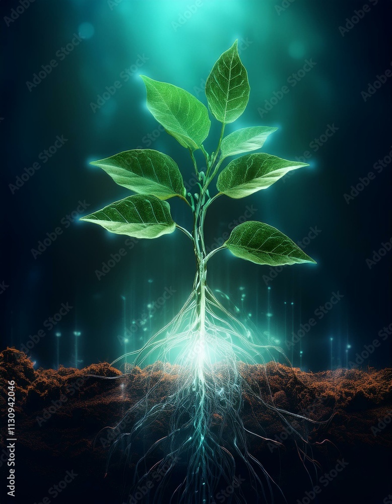 A plant’s root system glowing underground, connected to leaves ...