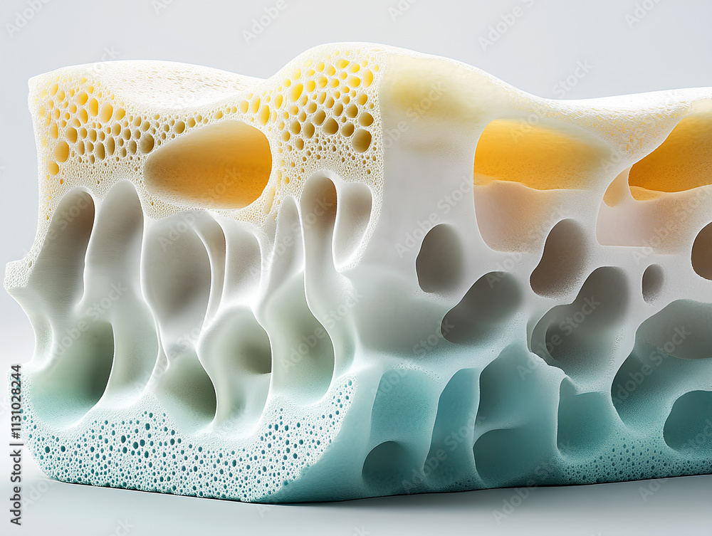 Intricate cross-section of a layered porous material in yellow, white ...