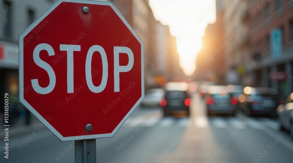 A close-up of a traffic sign indicating a stop, with a blurred urban ...