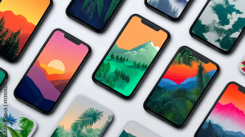 Smartphone lock screen with day and night landscape. Mobile phone ...