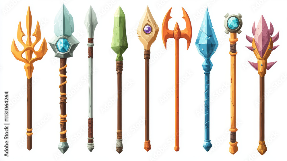 Magic trident weapon cartoon isolated vector icon set. Fantasy demon or ...