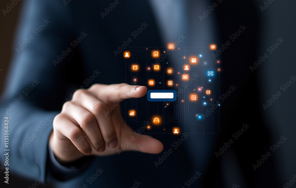 businessman interacting with virtual screen displaying various digital ...
