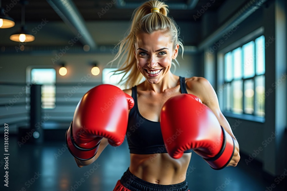 Empowered female boxer practicing punches in a gym boxing ring ...