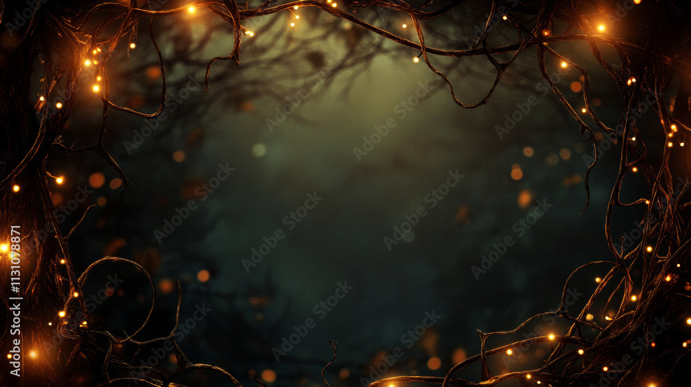 Spooky dry liana vines with glow and twisted branches in form of square ...