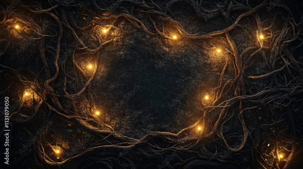 Spooky Dry Liana Vines With Glow And Twisted Branches In Form Of Square Rectangle And Oval