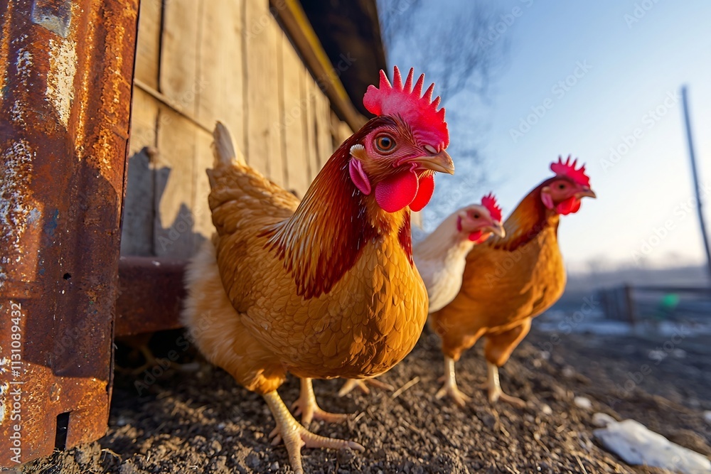 Free range chickens pecking in the dirt around an old fashioned rustic ...