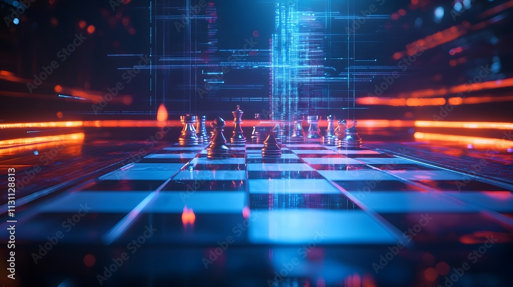 Neon-lit chess pieces stand on a futuristic board, a digital matrix ...