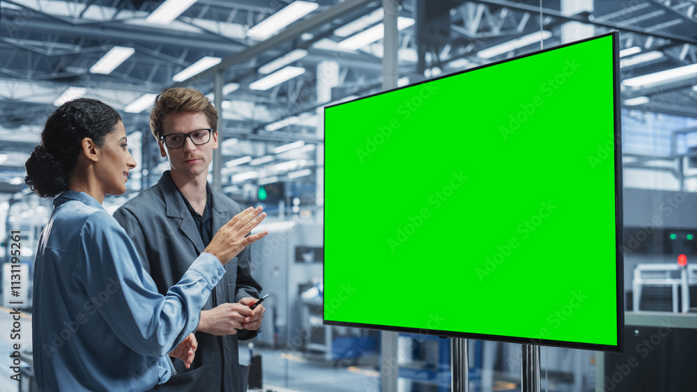 Meeting In Office Of Autonomous Factory With Robotic Arms: Hispanic ...