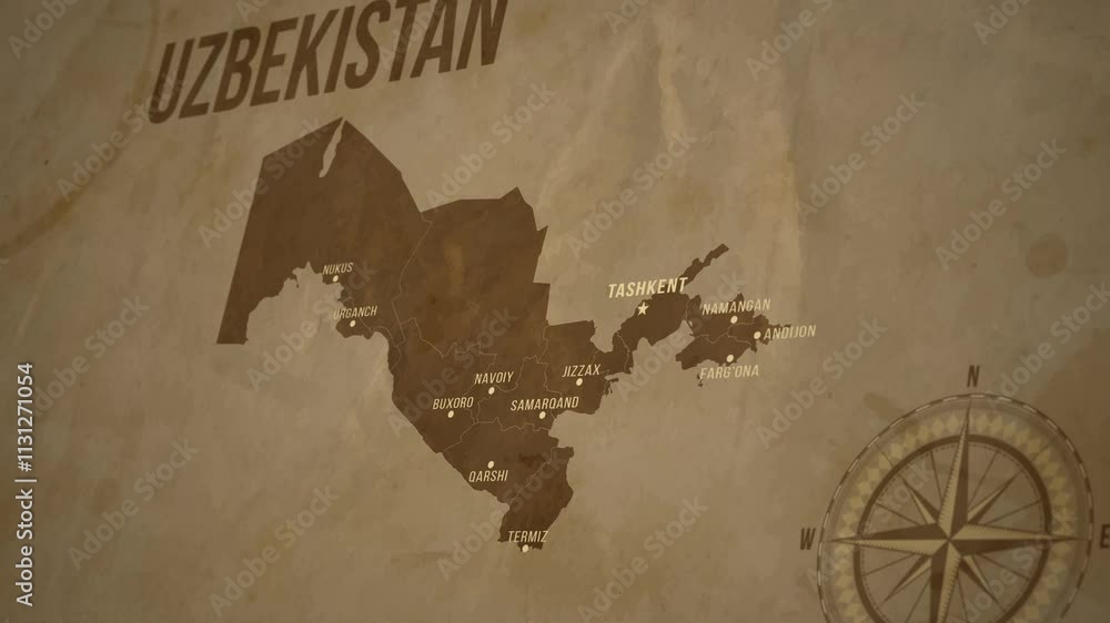Vintage Map of UZBEKISTAN with states Borders and Major Cities ...