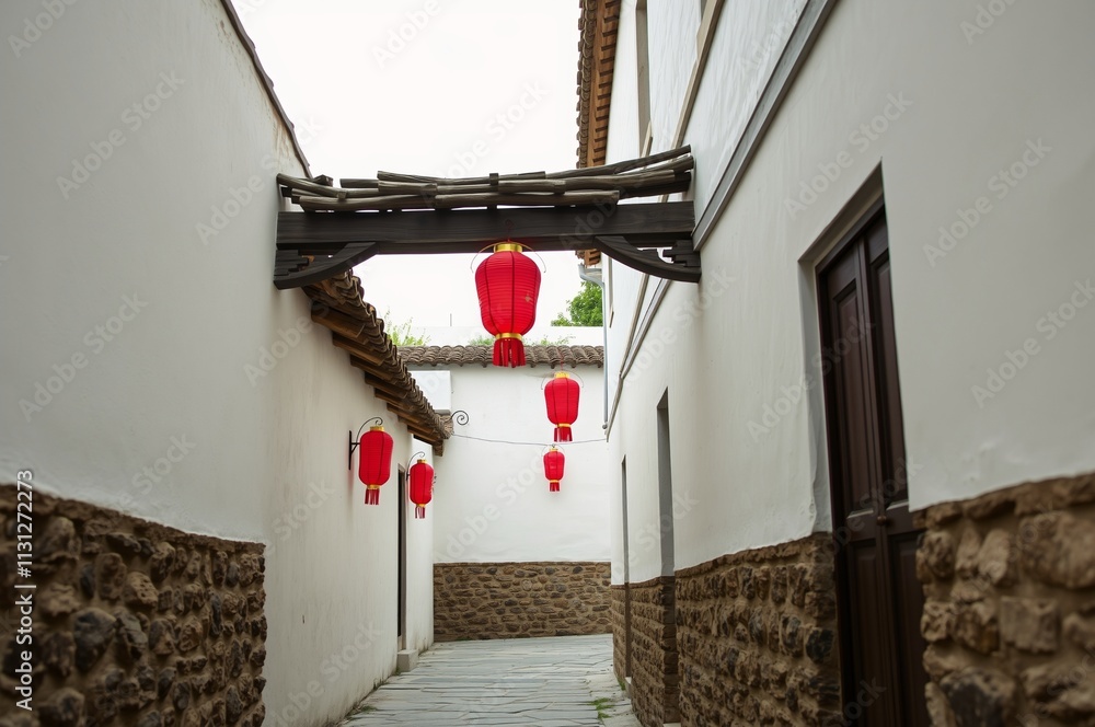 Red Lanterns Decorate a Tranquil Alleyway in a Traditional Chinese ...