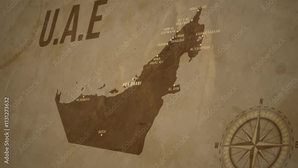 Vintage Map of UAE with states Borders and Major Cities Positions 素材庫影片 ...