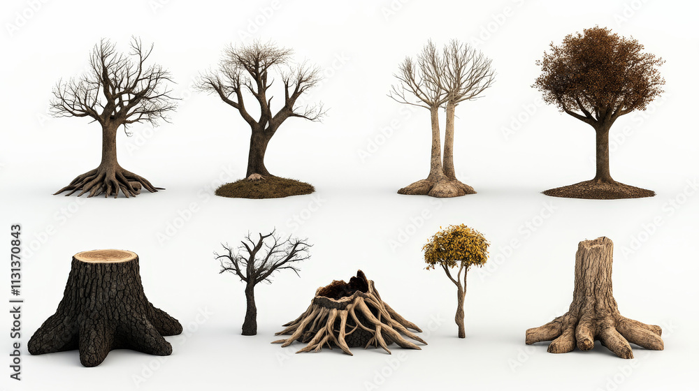 Bare Branches and Stumps: A collection of 3D rendered trees, showcasing ...