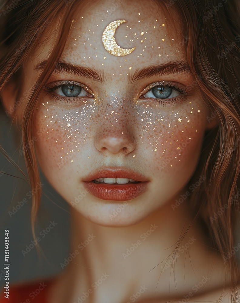 Beautiful young woman with sparkling makeup featuring stars and a ...