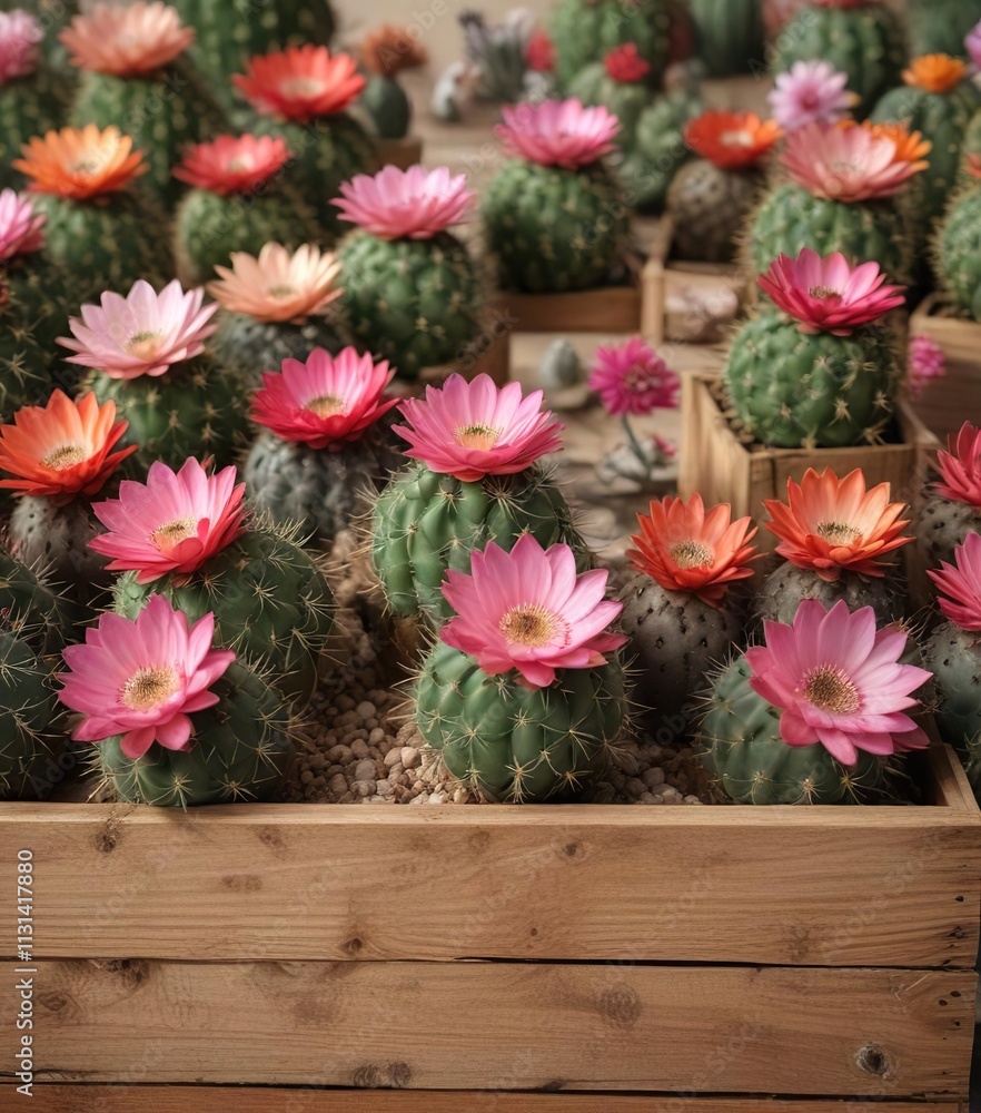 Individual Cactus Gymno Gymnocalycium stems in a shallow wooden crate ...