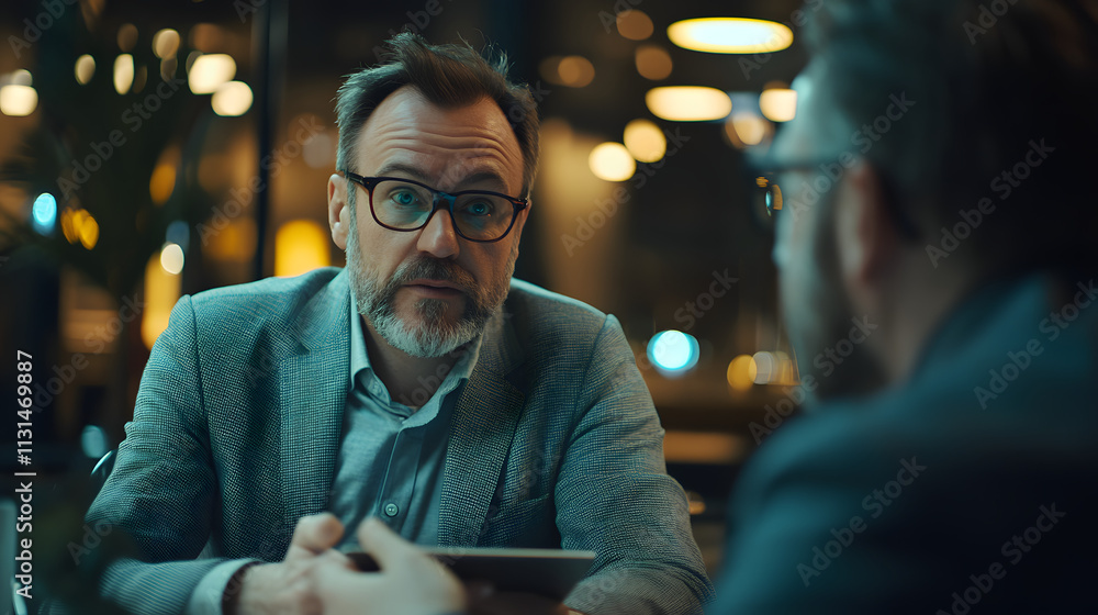 A man in glasses sits at a dimly lit table, engaged in a serious ...