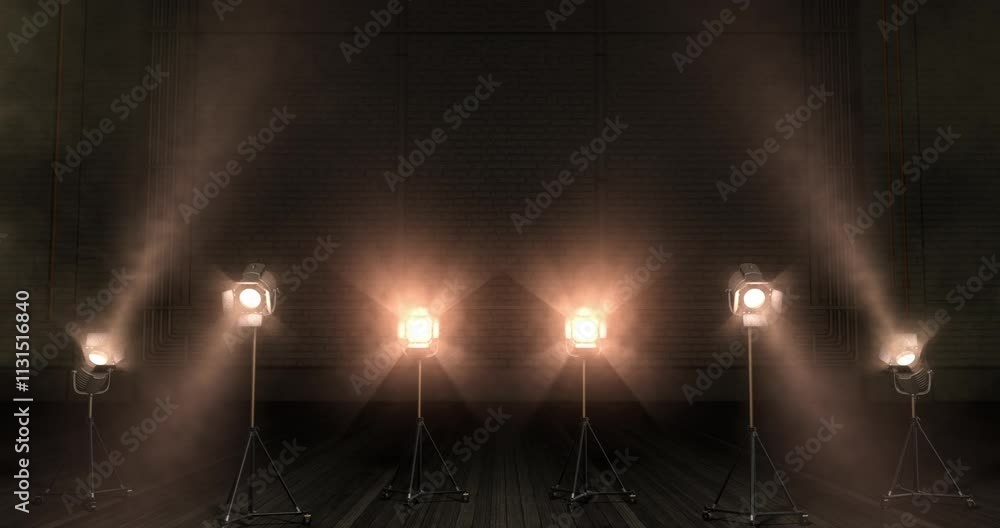 Vintage par lights fading up and down over a stage wall background ...