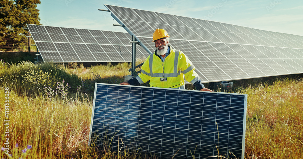 Solar panel, portrait and black man with engineering, eco friendly and ...