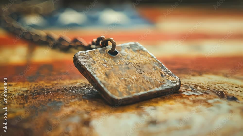 A rusty dog tag lying on a rustic background with the American flag in ...